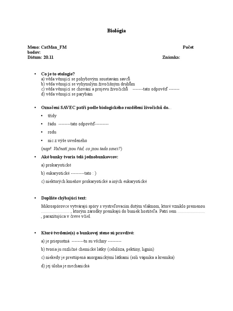 Biologia CatMan Hotovo | PDF