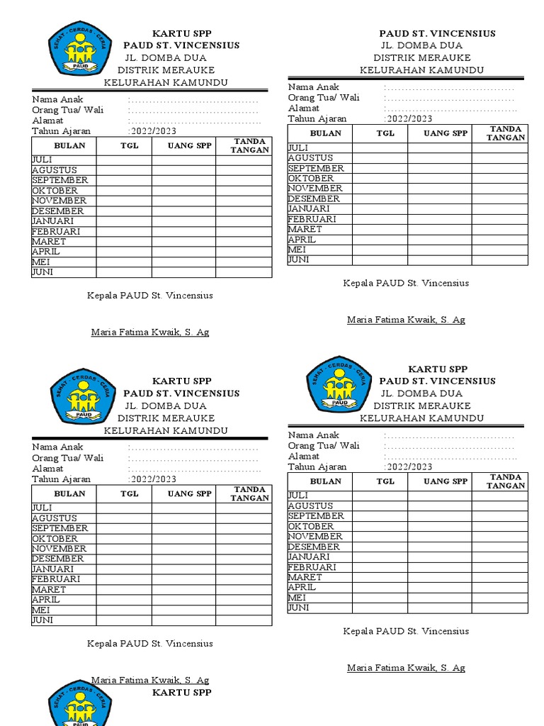 Kartu SPP PAUD St. Vincensius 2022/2023 | PDF