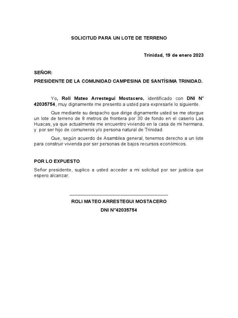 SOLICITUD PARA UN LOTE DE TERRENO Roli | PDF | Política | Derecho