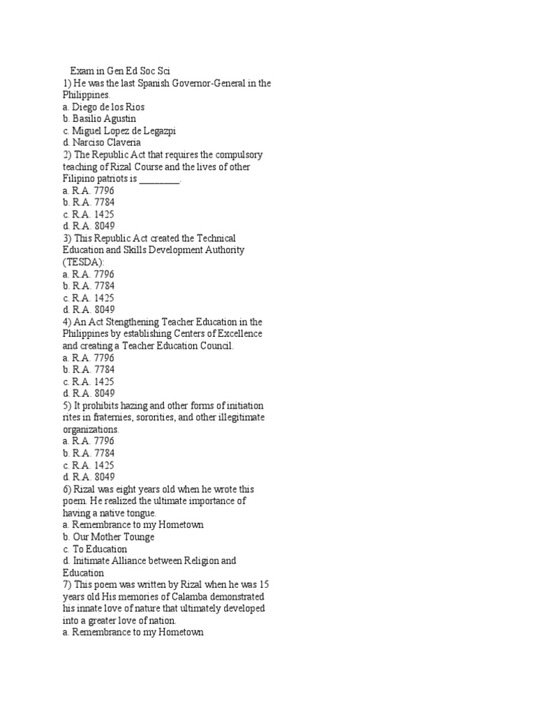 Gen Ed Social Science Exam Review | PDF | Homo | Philippines