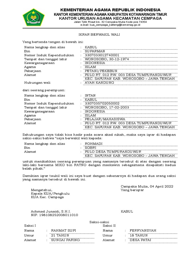 Ikrar Taukil Wali Bil Kitabah 0404 | PDF