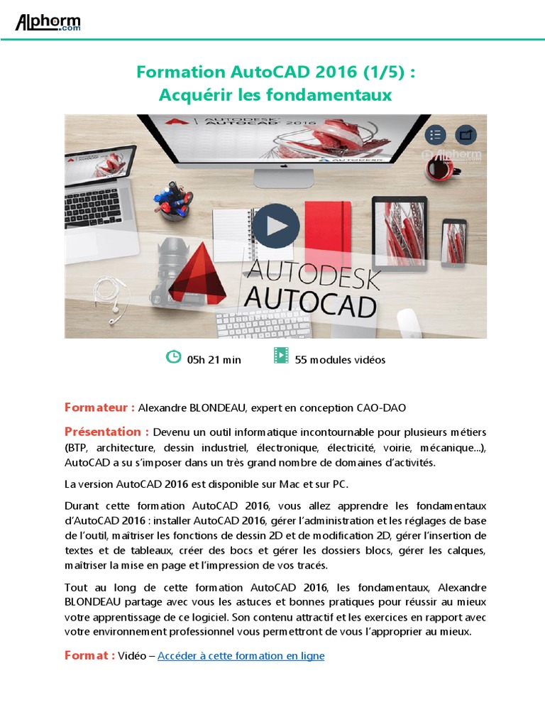 Alphorm Fiche Formation AutoCAD 2016 - Les Fondamentaux PDF | PDF