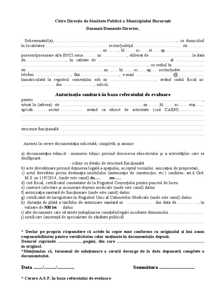 Cerere Autorizatie Sanitara | PDF