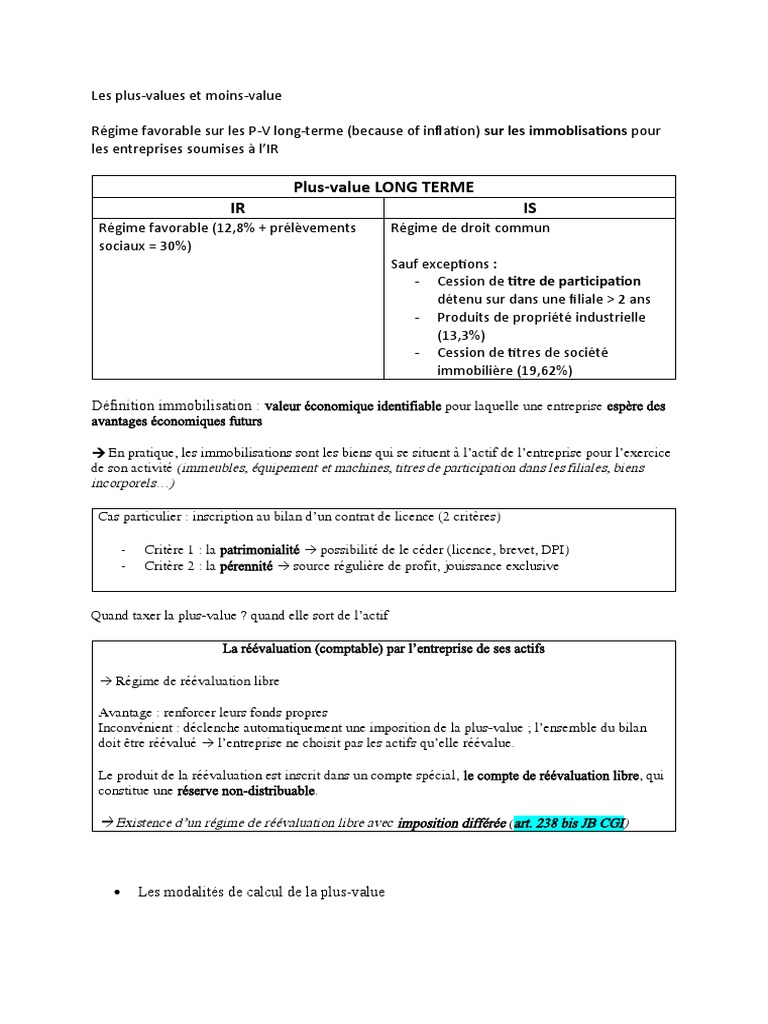 Plus-Values et Moins-Values en Entreprise | PDF | Plus-value | Bilan ...