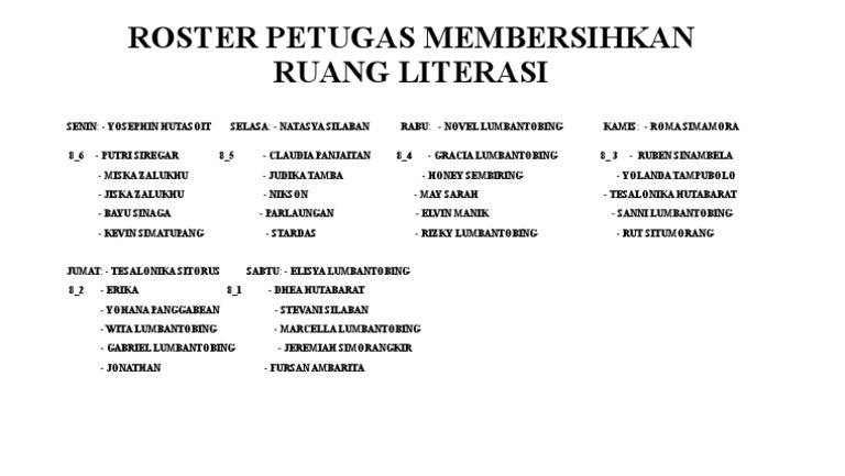 Roster Petugas Membersihkan Ruang Literasi | PDF