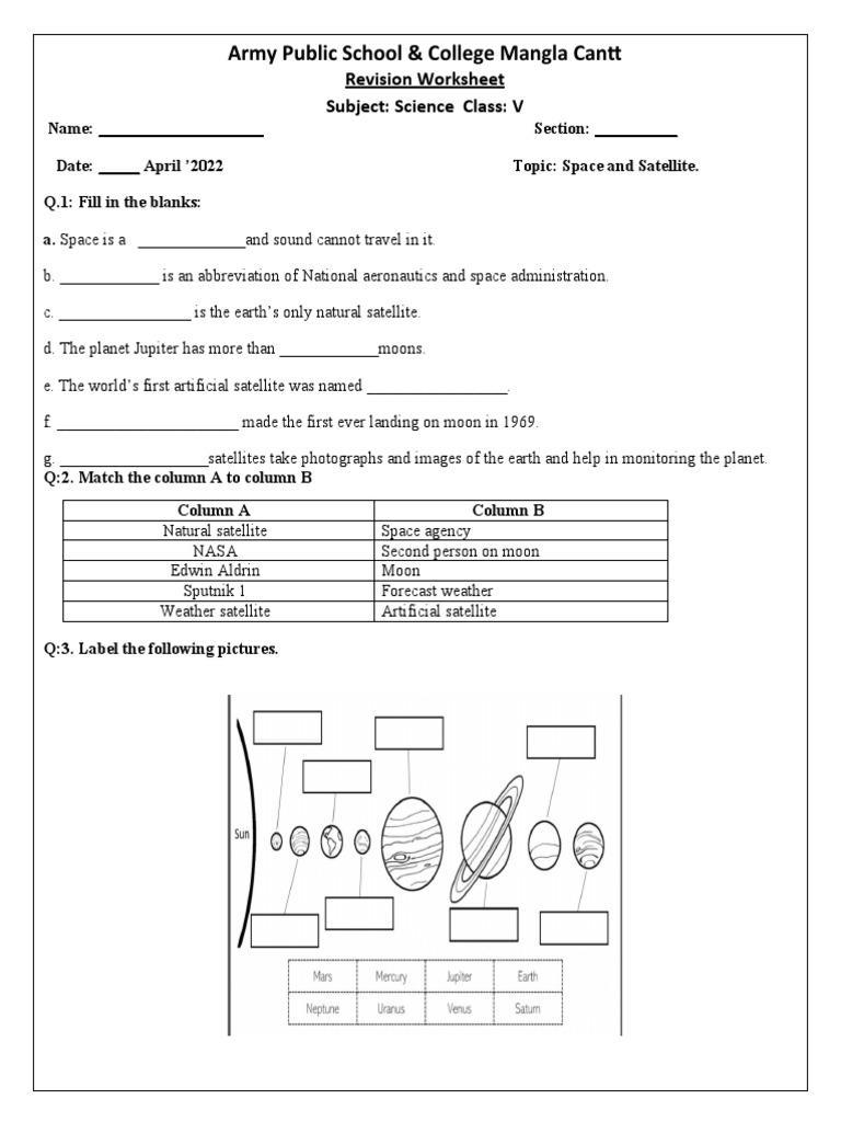 Grade V Science Worksheet Space and Satellite | PDF | Satellite | Nasa