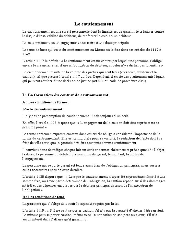 Le Cautionnement : Définition et Conditions | PDF | Cautionnement ...