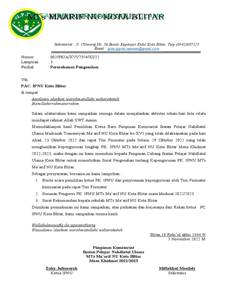 Surat Permohonan Pengesahan IPNU | PDF