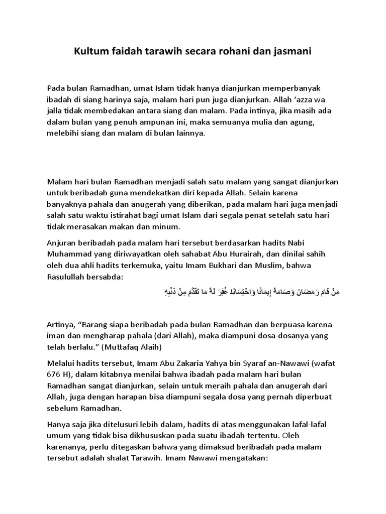 Kultum Faidah Tarawih Secara Rohani Dan Jasmani | PDF