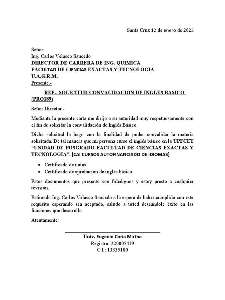 Carta de Convalidación de Inglés Básico Ing Química-1 | PDF | Derecho