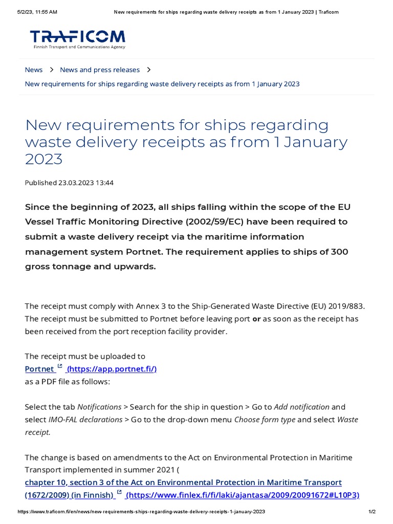 New Requirements For Ships Regarding Waste Delivery Receipts As From 1 ...
