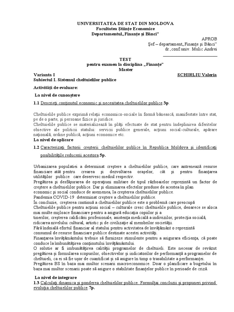 TEST FINAL FINANTE PRERECHIZIT MASTERAT 2022 Varianta I | PDF