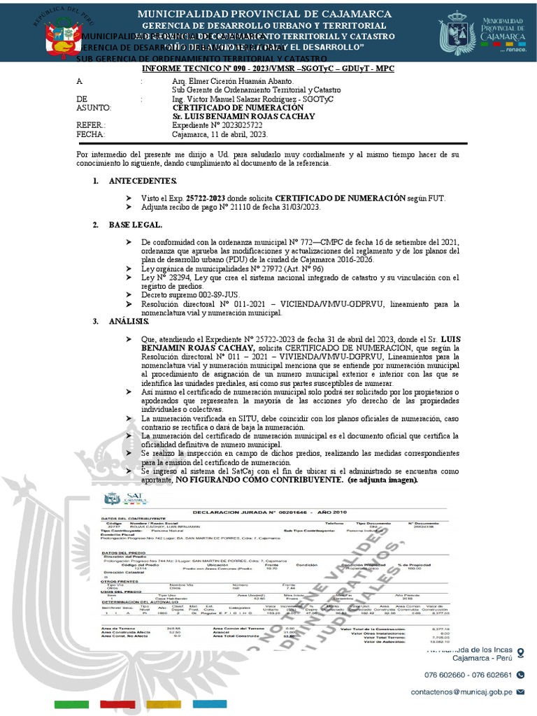 INFORME #090 Certificado de Numeracion - LUIS BENJAMIN ROJA SCACHAY Exp. 20230025722 | PDF ...