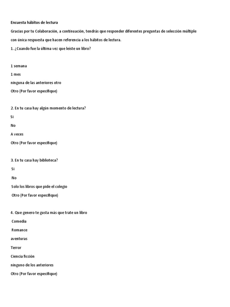Encuesta Hábitos de Lectura | PDF