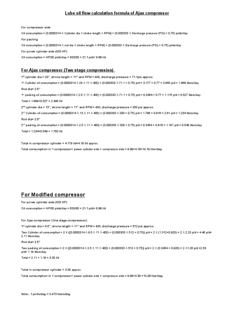 Lube Oil Flow Calculation Formula of Ajax Compressor | PDF