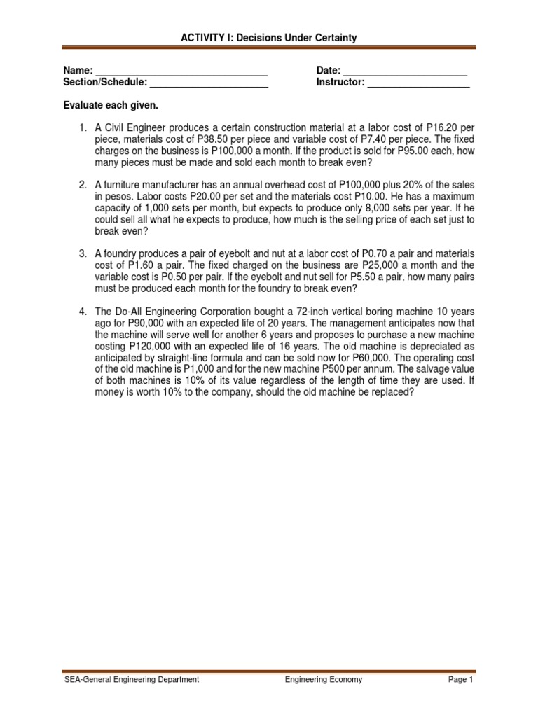 Activity I - Decisions Under Certainty | PDF