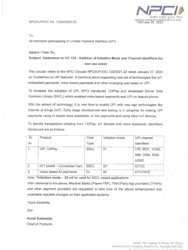 NPCI UPI OC 133A Addendum To OC 133 Addition of Initiation Mode and Channel Identifiers For New ...