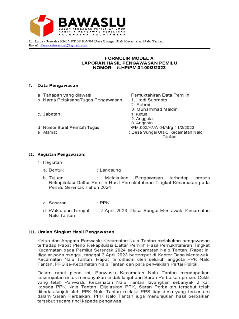 Form A Dan AKP Pengawasan Pleno Rekap Pemilih PPK | PDF