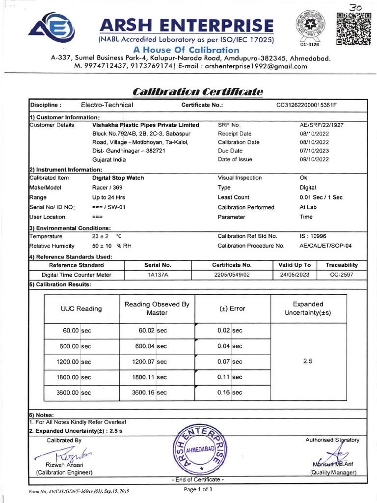 29-Stop Watch Calibration Cartificate | PDF | Calibration | Regulation