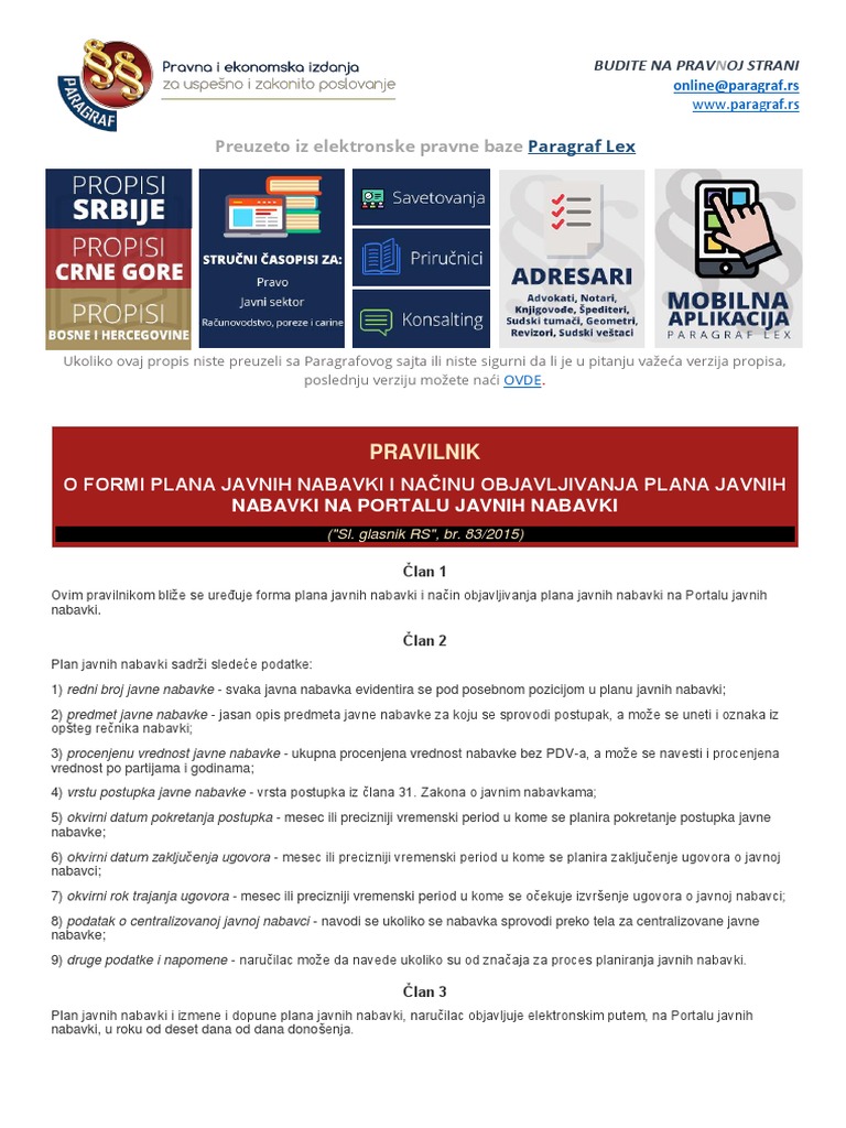 Pravilnik o Formi Plana Javnih Nabavki I Nacinu Objavljivanja Plana ...