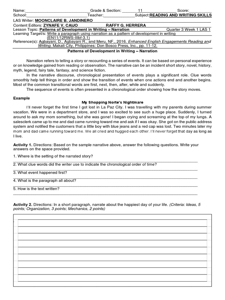 Grade 11 Reading and Writing Skills Quarter-3-Week-1-Las-1 | PDF ...