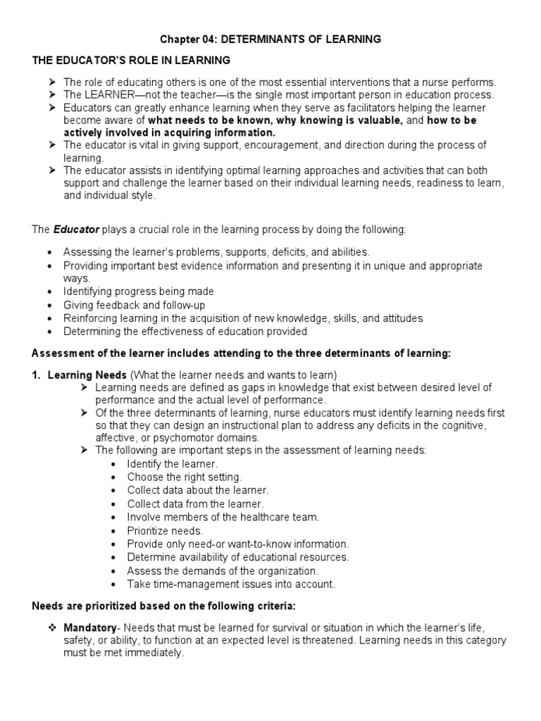 Chapter 04 Determinants of Learning Handouts | PDF | Learning | Learning Styles