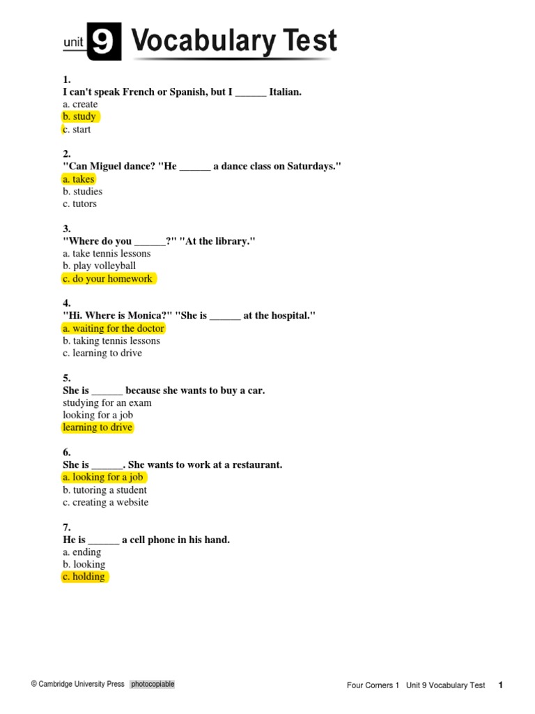 Four Corners Level 1 U9Vocabulary | PDF
