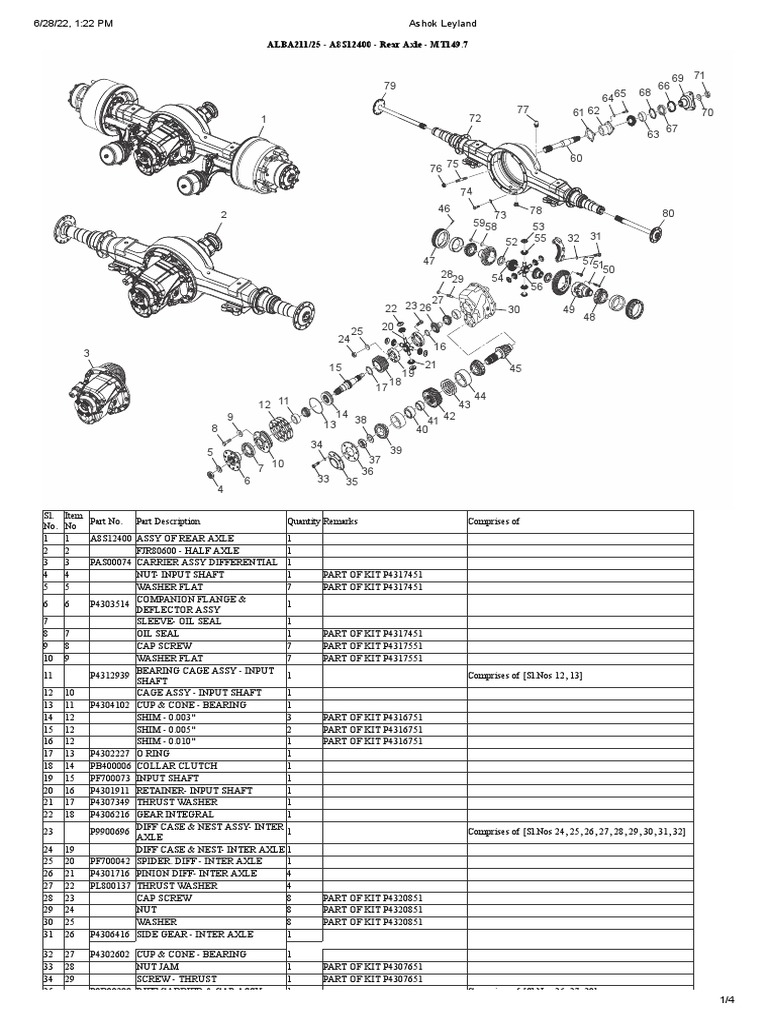 Parts List and Assembly Details for Rear Axle Model A8S12400 from Ashok ...