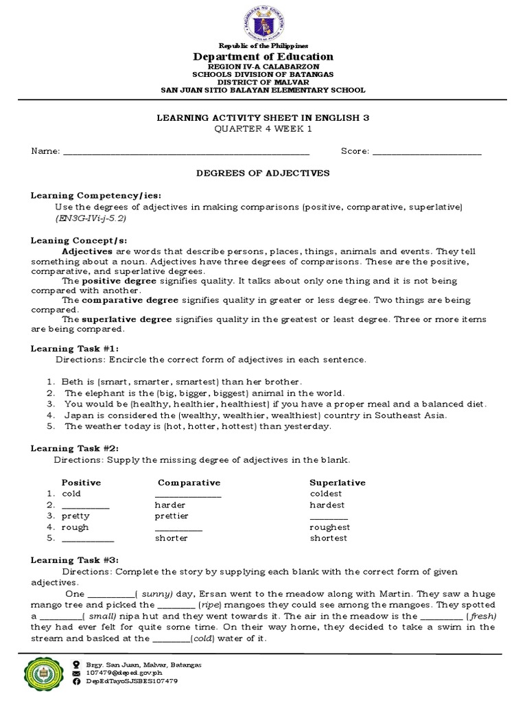 Department of Education: (En3G-Ivi-J-5.2) | PDF | Adjective