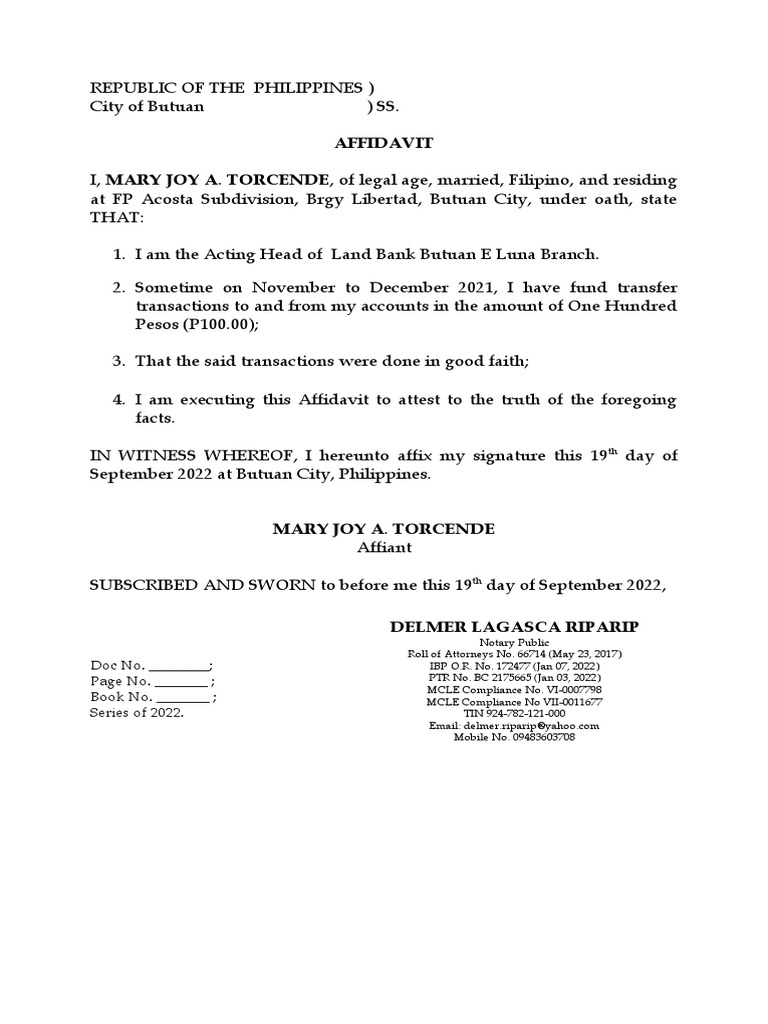 Affidavit of Non-Fraudulent Transaction Torcende | PDF