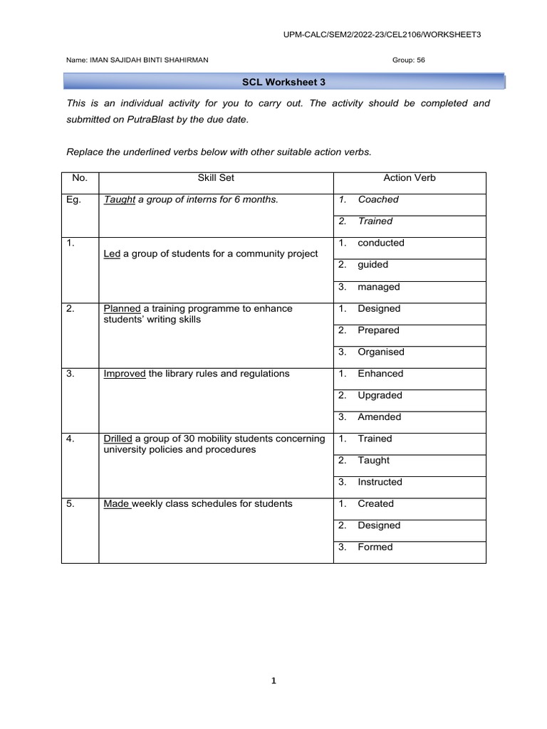 SCL Worksheet 3 Verb Replacement Activity | PDF