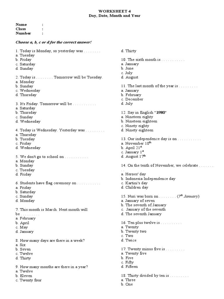 Worksheet 4 Days, Dates, Months, Years | PDF