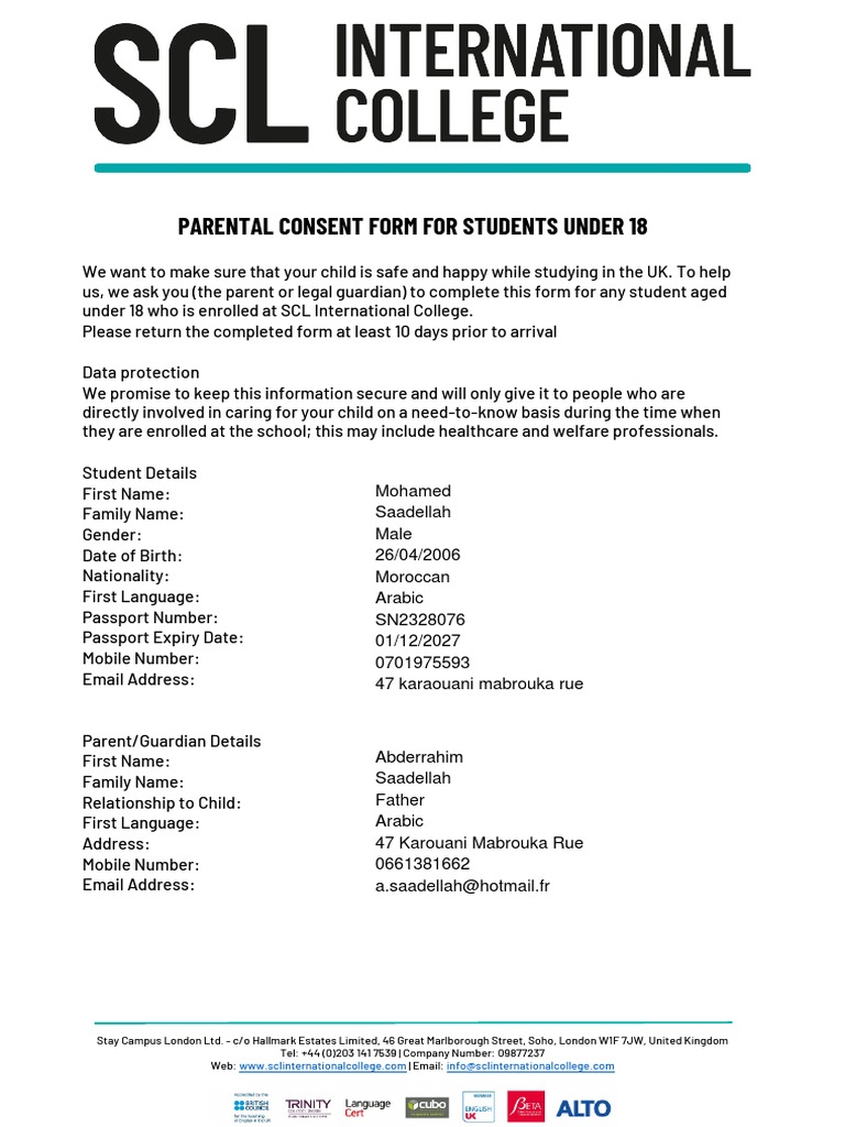 SCL Parental Consent Form Under 18s_edit (1).pdf | PDF | Health Care ...