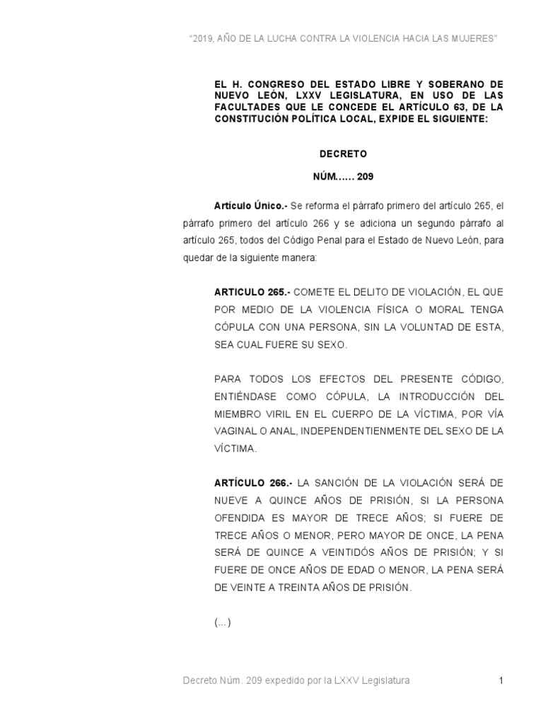 Dec. 209 Ref. Art. 265 y 266 Codigo Penal Pena Por Violacion PDF | PDF