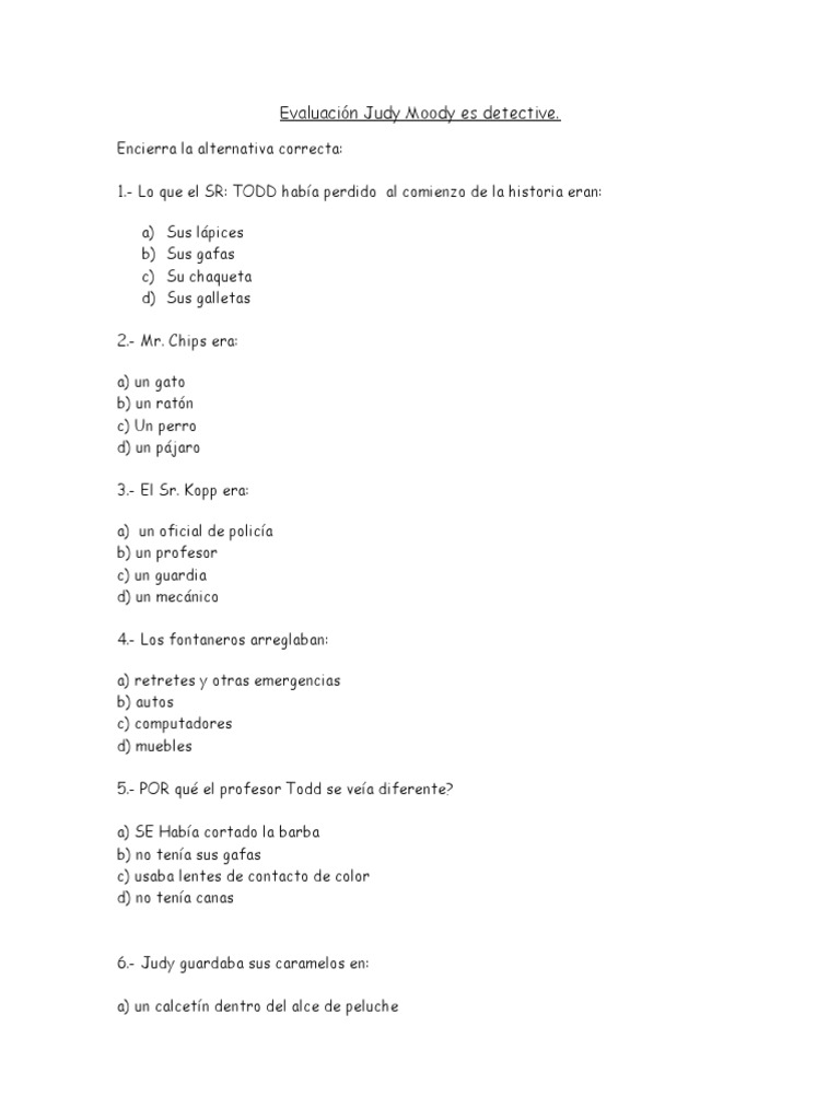 Evaluación Judy Moody Es Detective | PDF | Novela negra, policíaca y ...