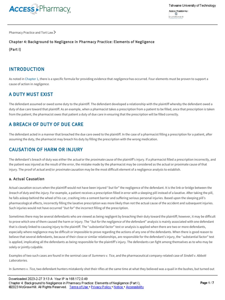 Chapter 4 - Background To Negligence in Pharmacy Practice - Elements of ...