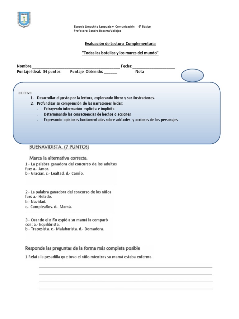 Prueba Todas Las Botellas Y Los Mares Del Mundo 6to Pdf