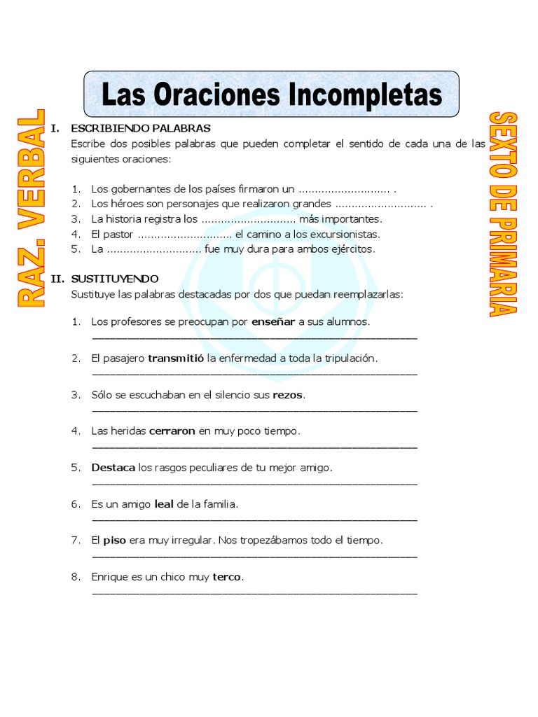 Ejercicios de Oraciones Incompletas para Primaria | PDF | Estudios de ...