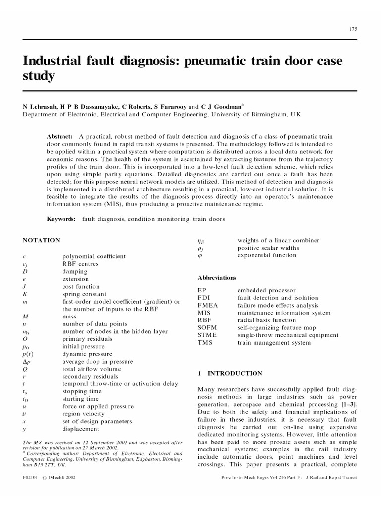 Industrial Fault Diagnosis - Pneumatic Train Door Case Study | PDF