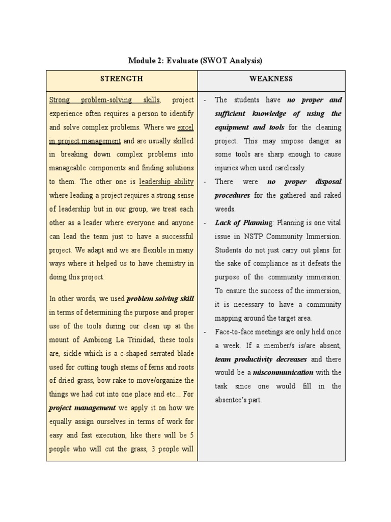 GROUP 9 - Module 2 - Evaluate (SWOT Analysis) | PDF | Personal ...