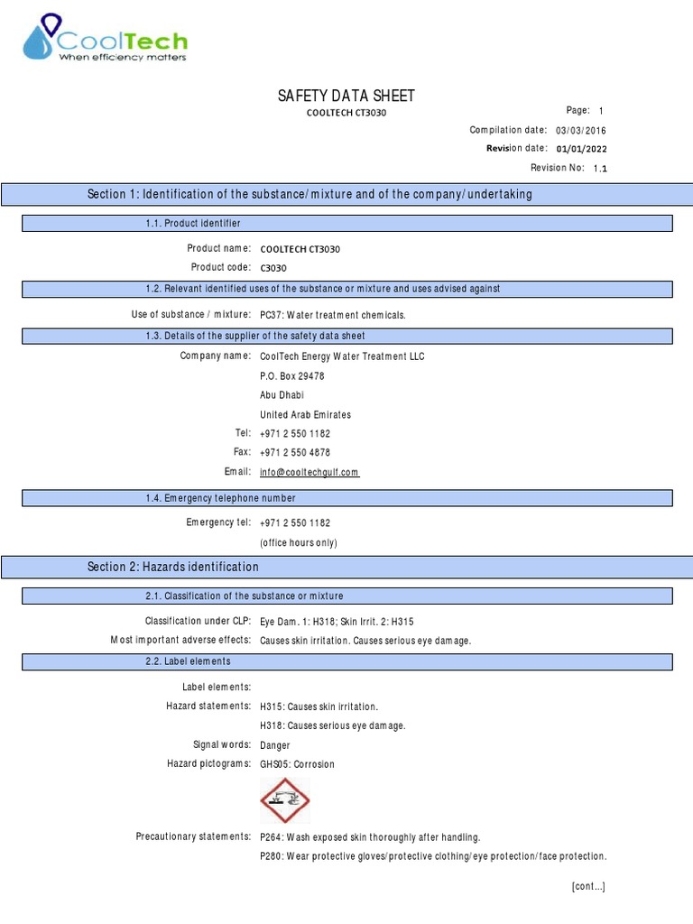 SDS CoolTech CT3030 EN | PDF | Chemistry | Occupational Safety And Health