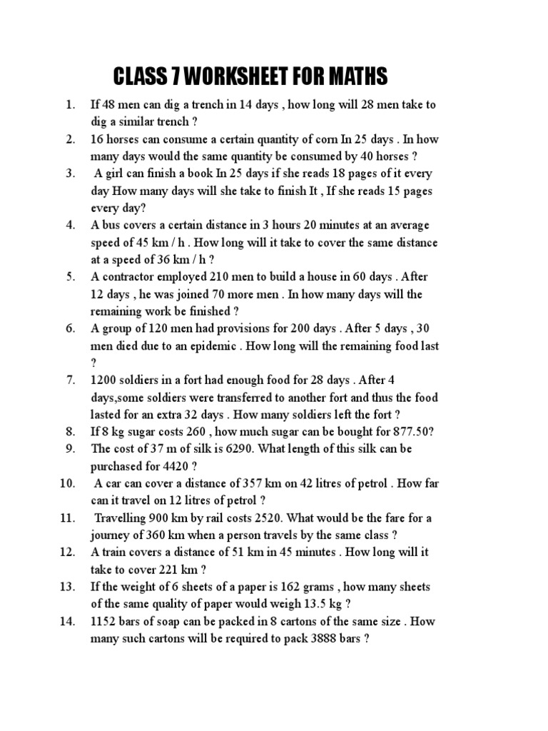 Class 7 Maths Unit Test Worksheet | PDF