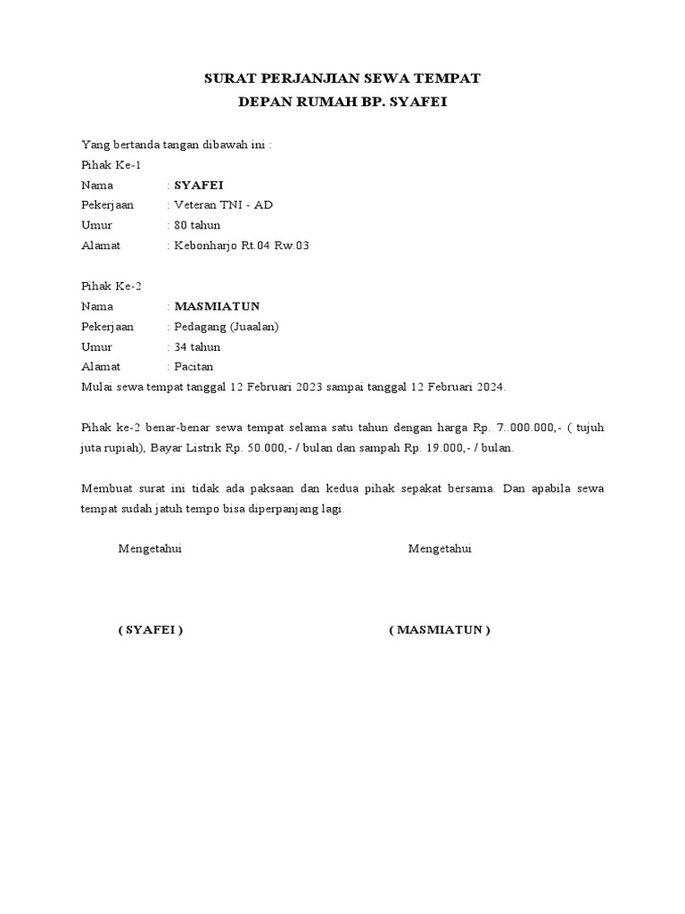 Surat Perjanjian Sewa Tempat | PDF