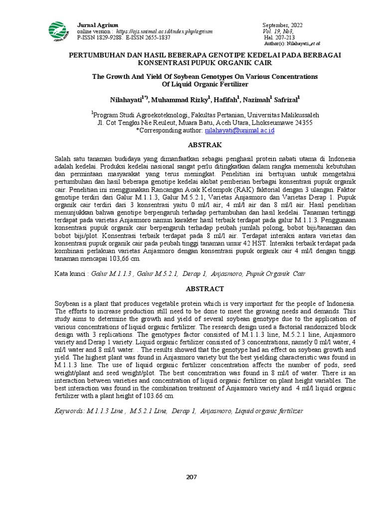 Pertumbuhan Dan Hasil Beberapa Genotipe Kedelai Pada Berbagai Konsentrasi Pupuk Organik Cair | PDF