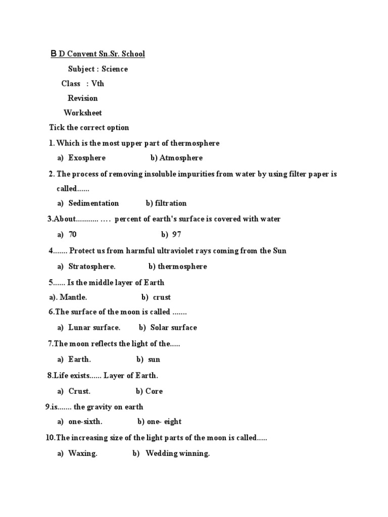 Science worksheet class 5th | PDF