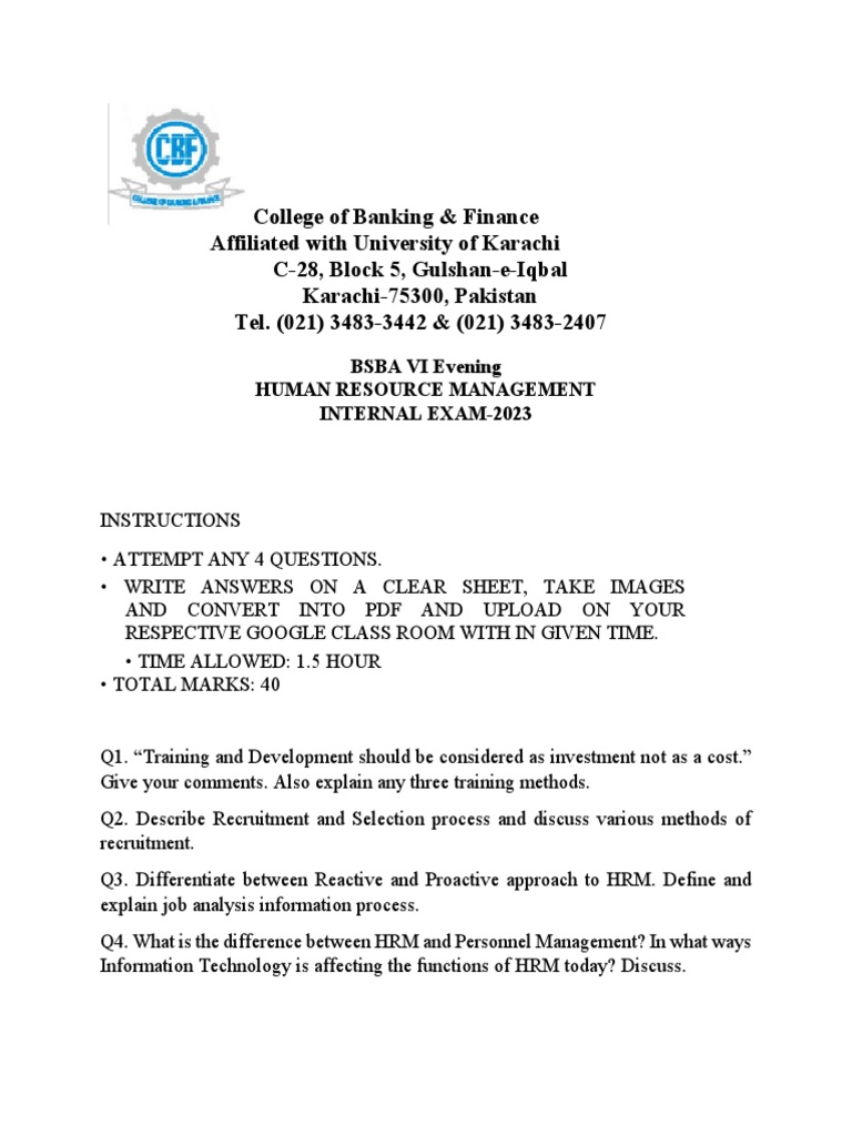 Human Resource Management BS VI E Internal Exam 2023 PDF | PDF Human Resource Management BS VI E Internal Exam 2023 PDF | PDF