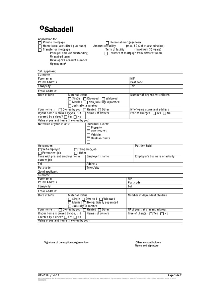 Banco Sabadell Mortgage Application Form | PDF | Mortgage Loan | Banks