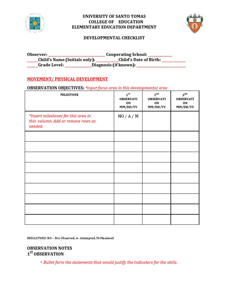 UST Elementary Developmental Checklist | PDF | Childhood | Learning