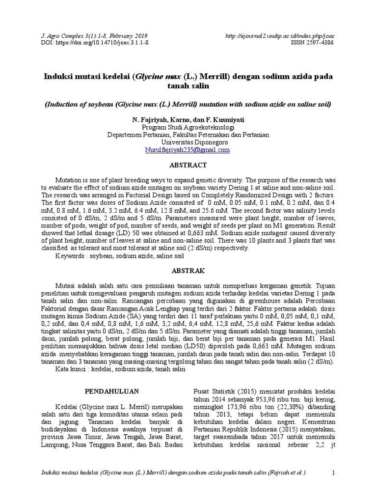 Induksi Mutasi Kedelai (Glycine Max (L.) Merrill) Dengan Sodium Azida Pada Tanah Salin | PDF ...
