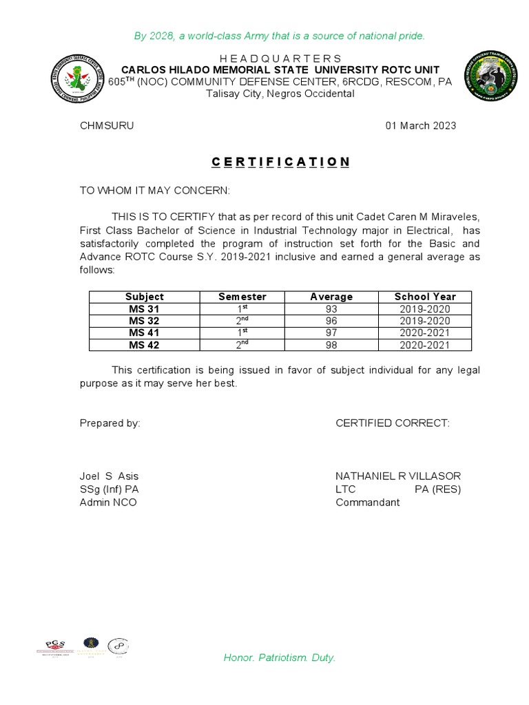 Certification of Grades Advance CHMSU 2021 | PDF